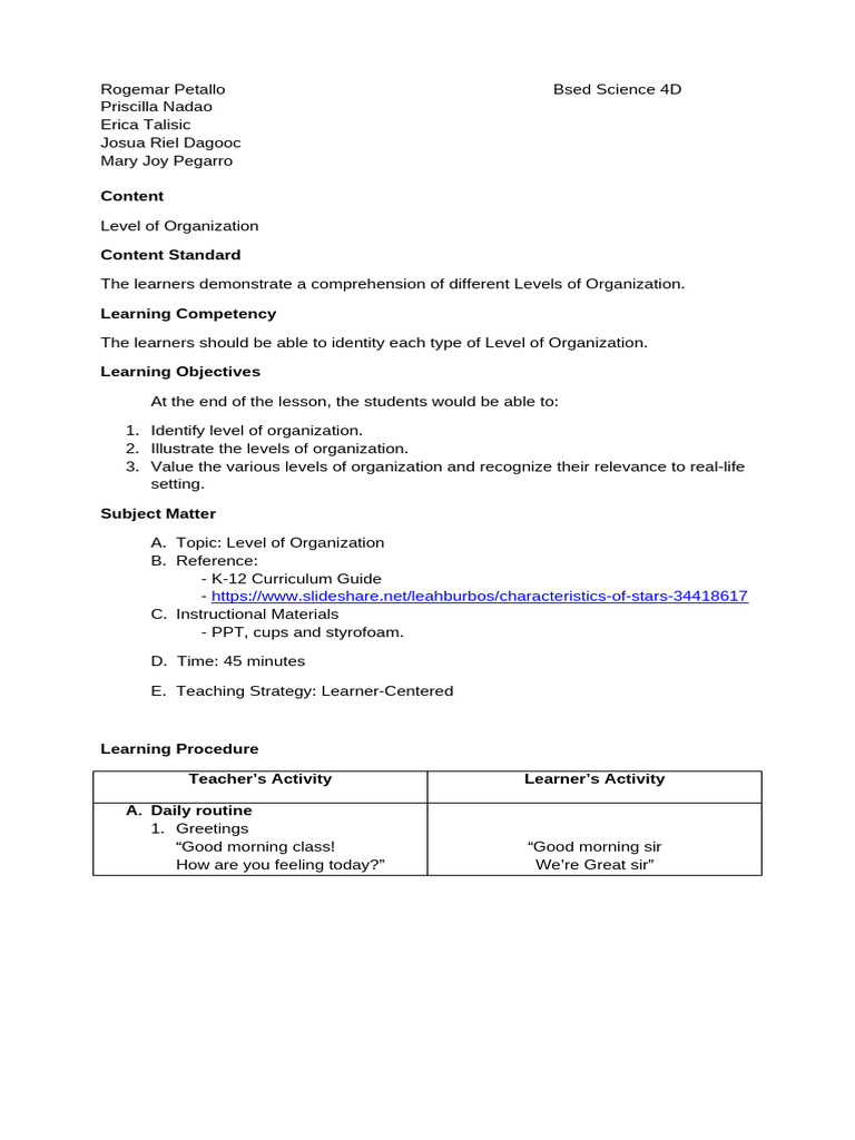Levels of Organization Lesson Plan | PDF | Cell (Biology) | Human Body