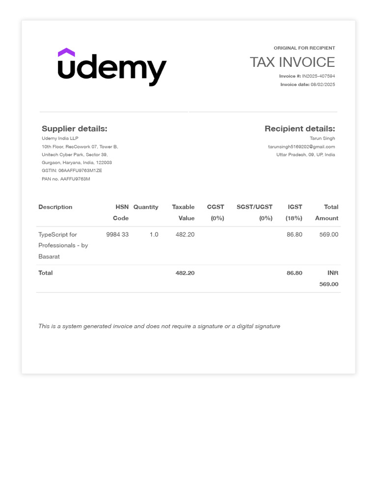 Udemy Invoice | PDF