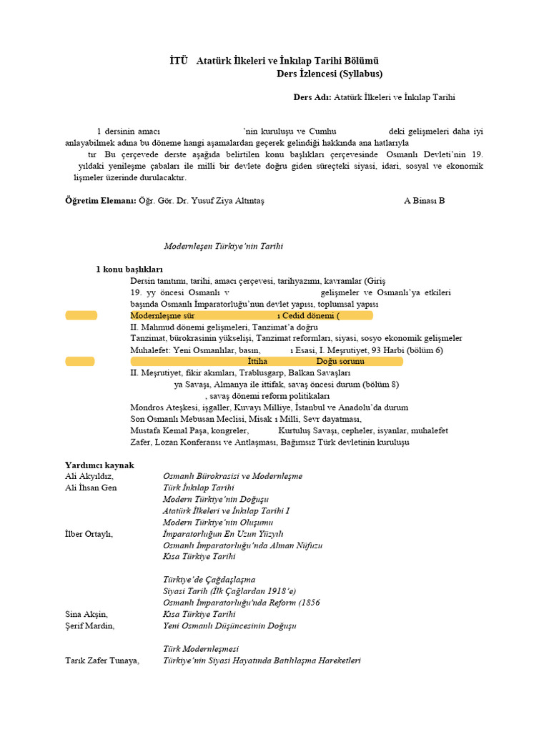 ATA 121-Syllabus - 2024-2025 Güz | PDF