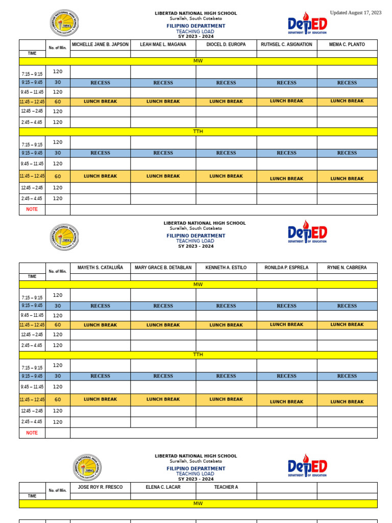 Teaching Load for Filipino Dept. SY 2023-2024 | PDF