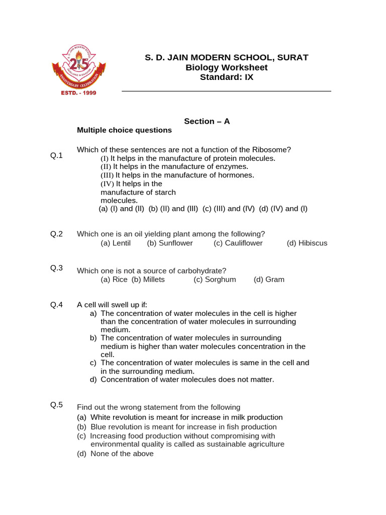 Biology Worksheet for Class IX Students | PDF | Cell (Biology) | Tissue ...