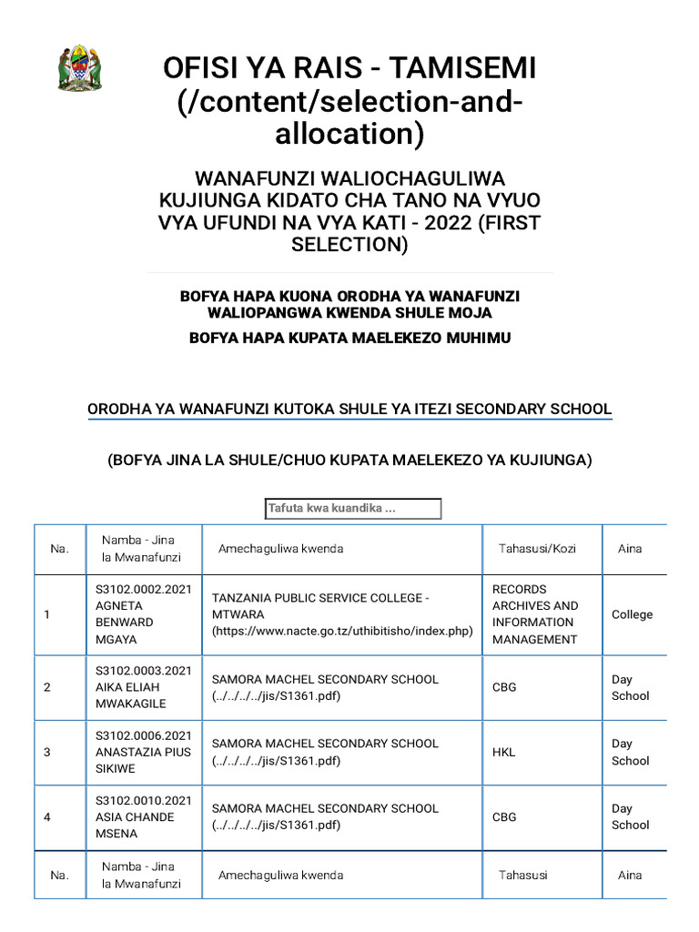 2022 Form Five Selection Results | PDF | Tanzania