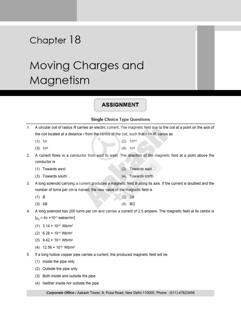 Moving Charges and Magnetism Questions | PDF | Magnetic Field ...