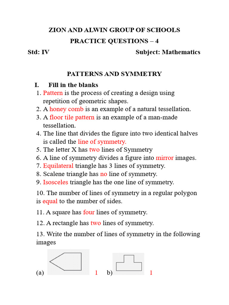 STD IV Patterns and Symmetry Answers | PDF