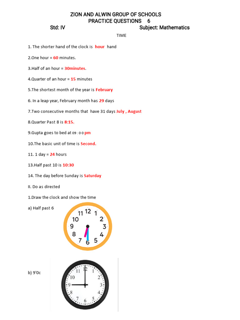 STD4 TIME PRACTICE QUESTION ANSWERS Conv | PDF