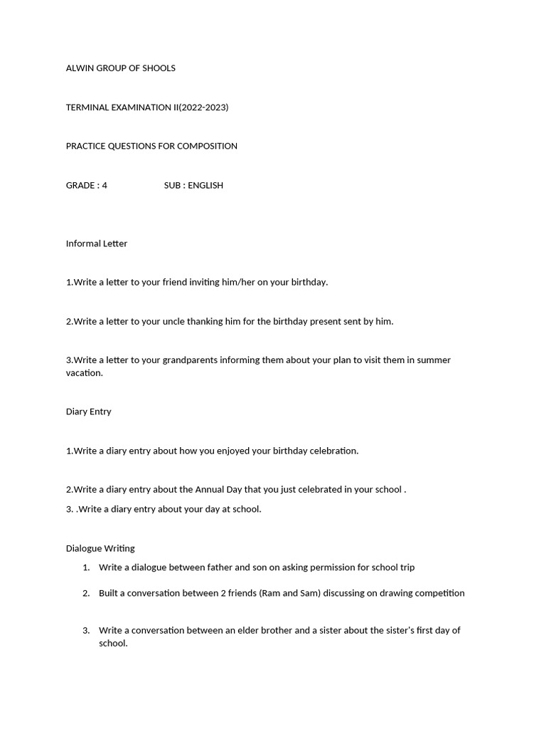 Grade 4 - Composition Practice Questions Final | PDF