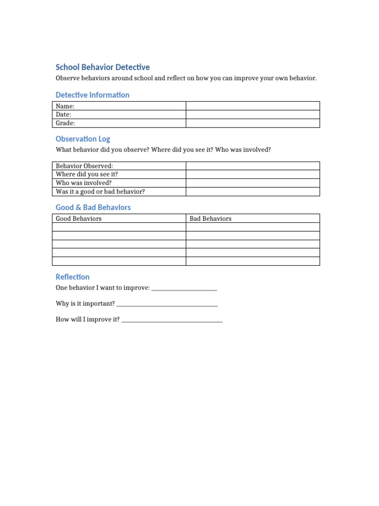 School Behavior Detective Template | PDF