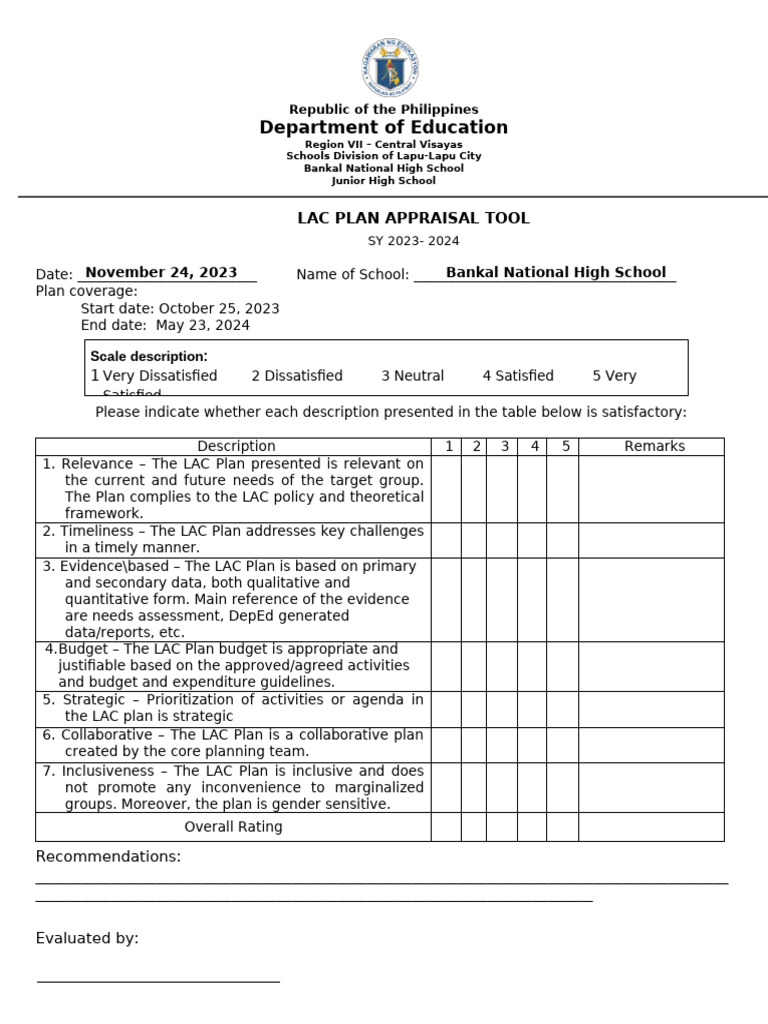 LAC Plan and Evaluation Tools 2023-2024 | PDF