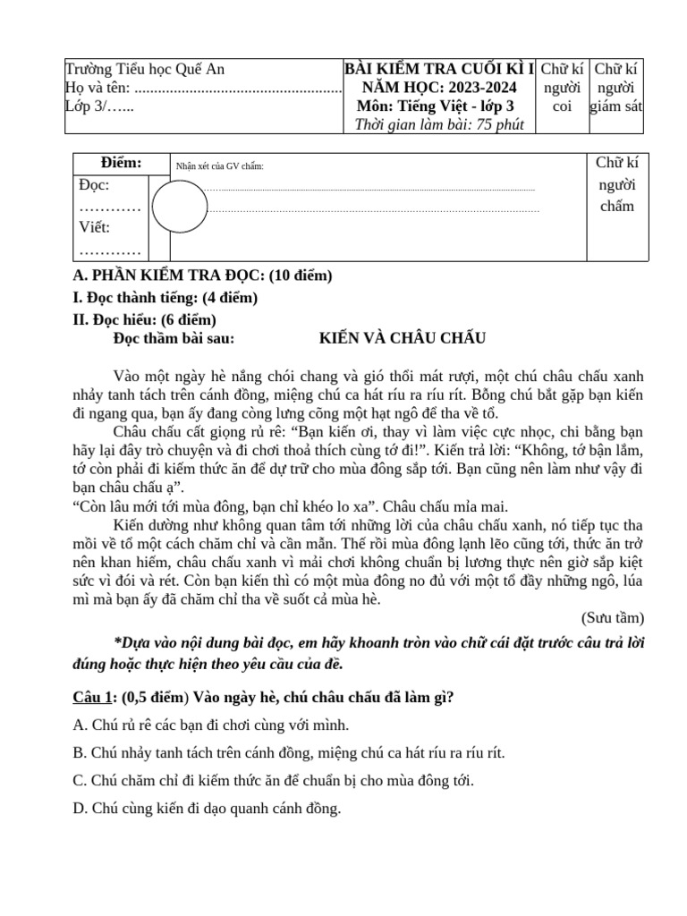 ĐỀ Kiểm Tra TV khối 3B CKI- 23-24 | PDF