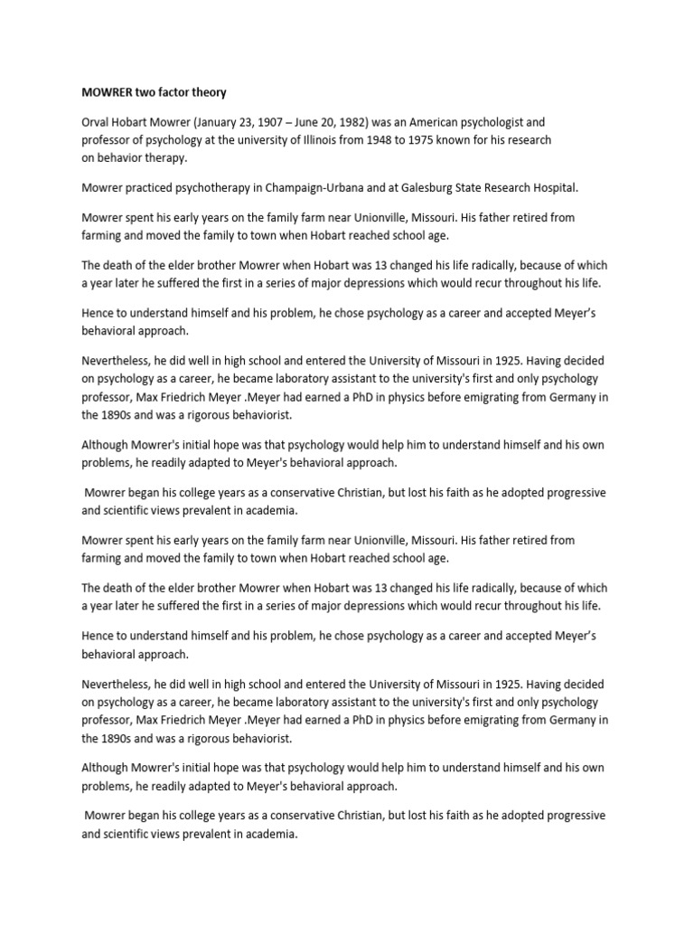 Unit 2 - C - MOWRER Two Factor Theory | PDF | Classical Conditioning | Fear