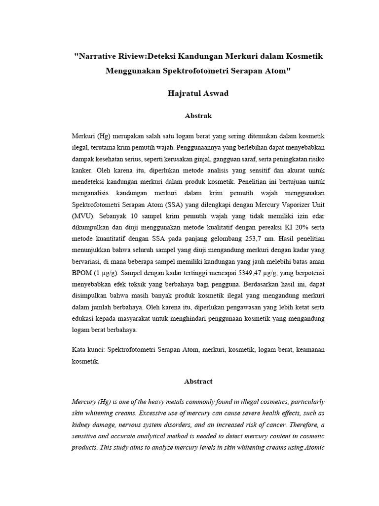 Deteksi Kandungan Merkuri Dalam Kosmetik Menggunakan Spektrofotometri ...