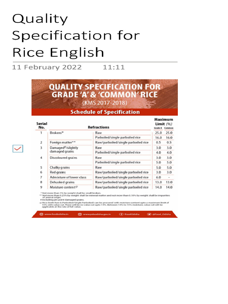 Quality Specification For Rice | PDF