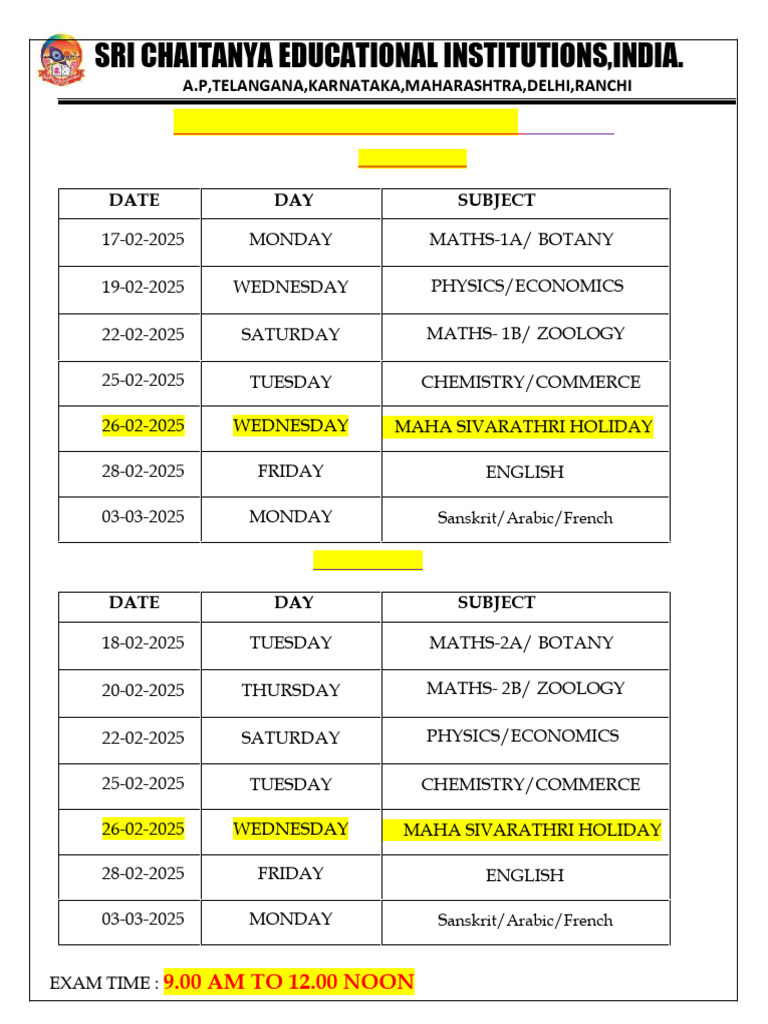 Final TS Ipe Pre Final-Iii Time Table (17-02-25 To 03-03-25) | PDF