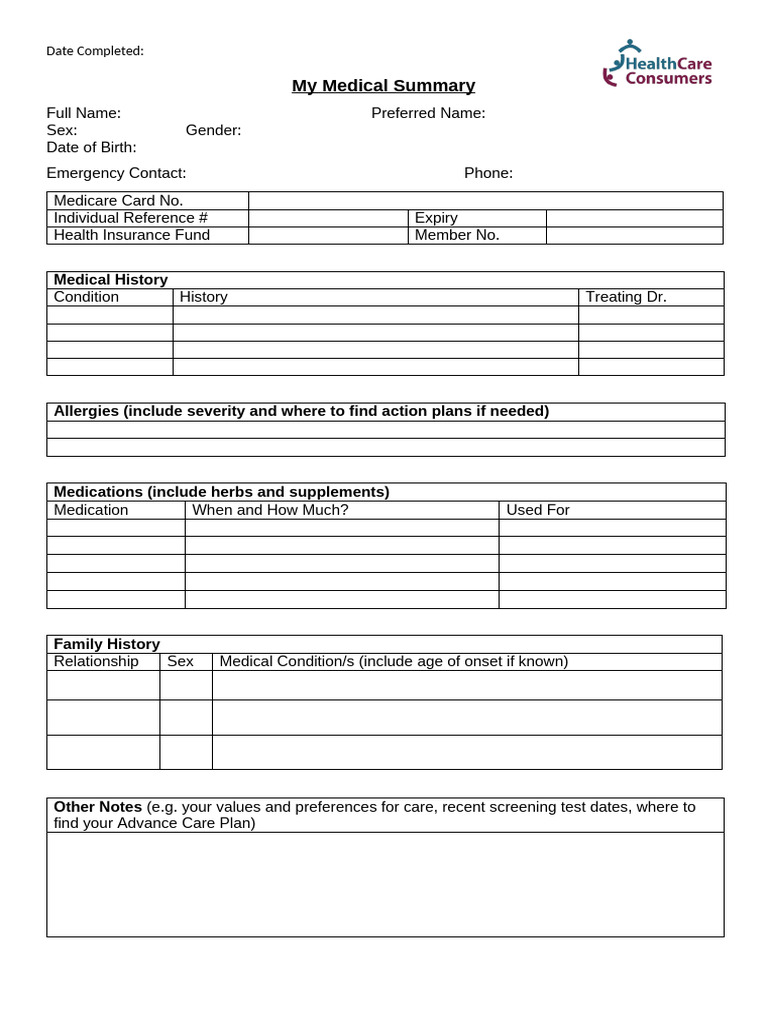 HCCA Medical Summary Template | PDF
