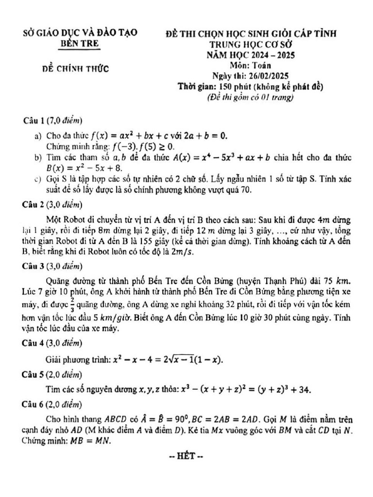 De Chon Hoc Sinh Gioi Tinh Toan Thcs Nam 2024 2025 So GDDT Ben Tre | PDF
