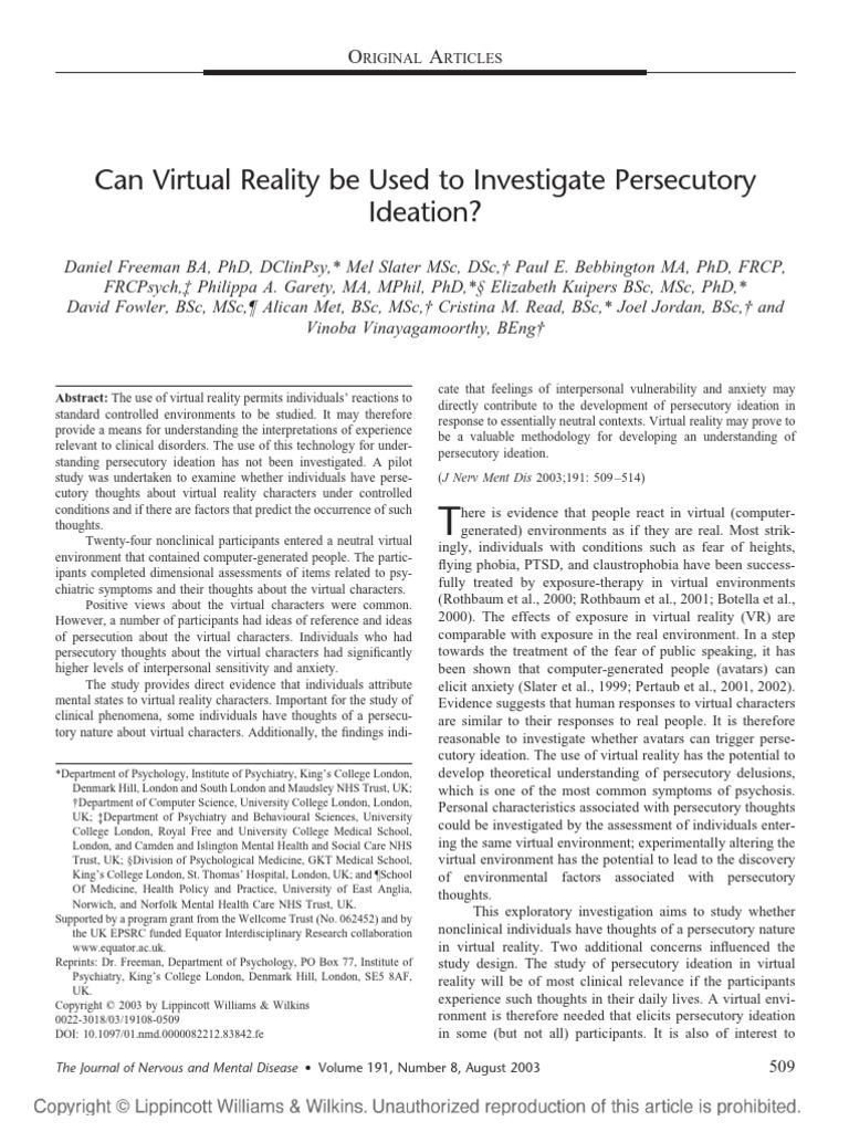 Can Virtual Reality Be Used To Investigate Persecutory Ideation | PDF ...