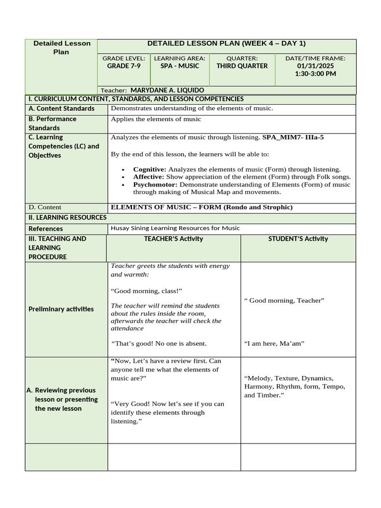 Grade 7-9 Music Lesson Plan: Elements of Form | PDF | Elements Of Music ...