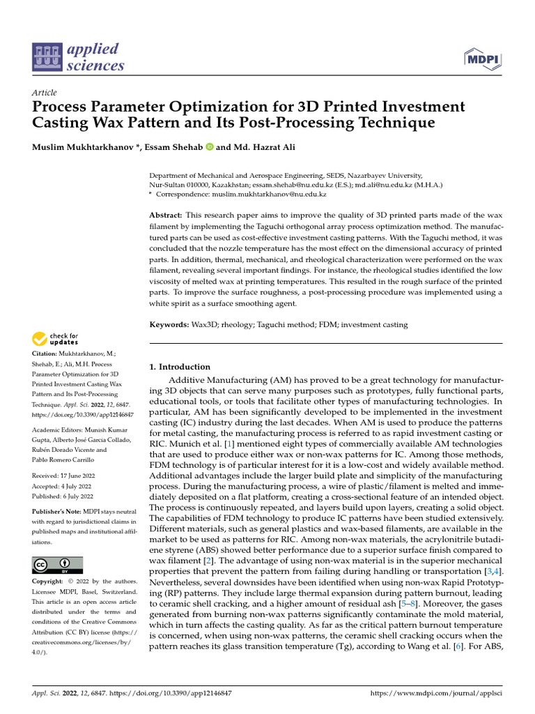 Process Parameter Optimization for 3D Printed Investment Casting Wax Pattern and Post-Processing ...