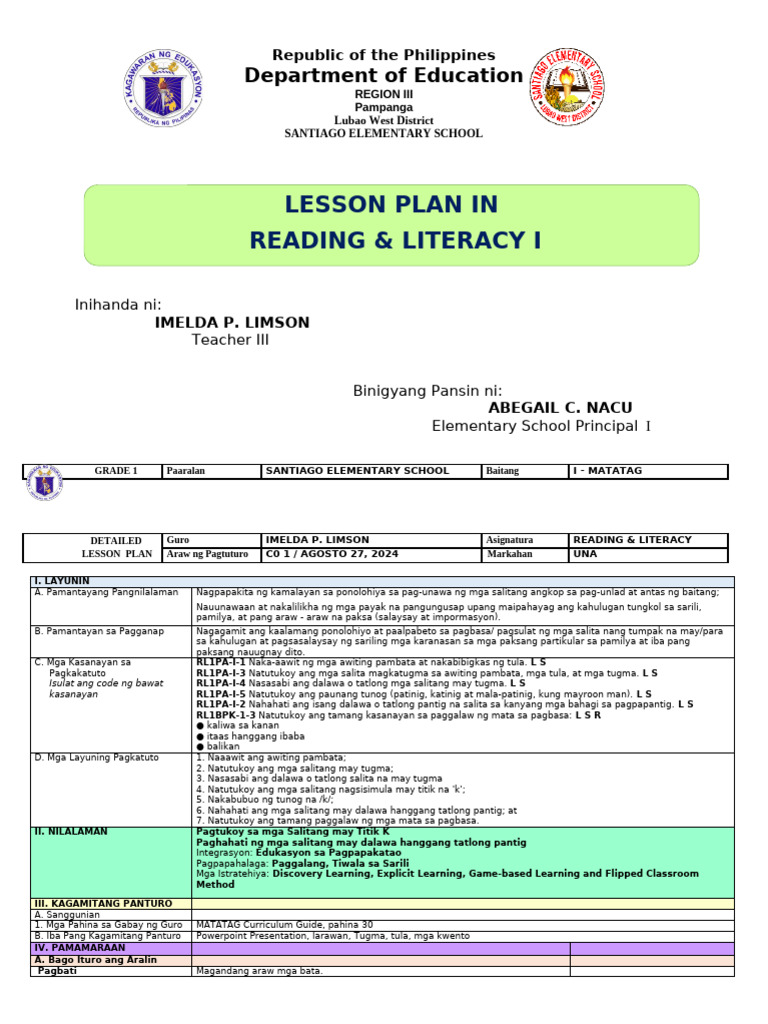 Co1-Lesson-Plan-Reading & Literacy-Quarter 1 | PDF