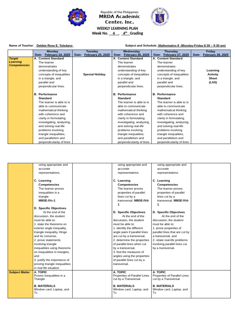 WEEKLY-LEARNING-PLAN-4th QUARTER-WEEK 4-MATH 8 | PDF | Classical Geometry | Euclid