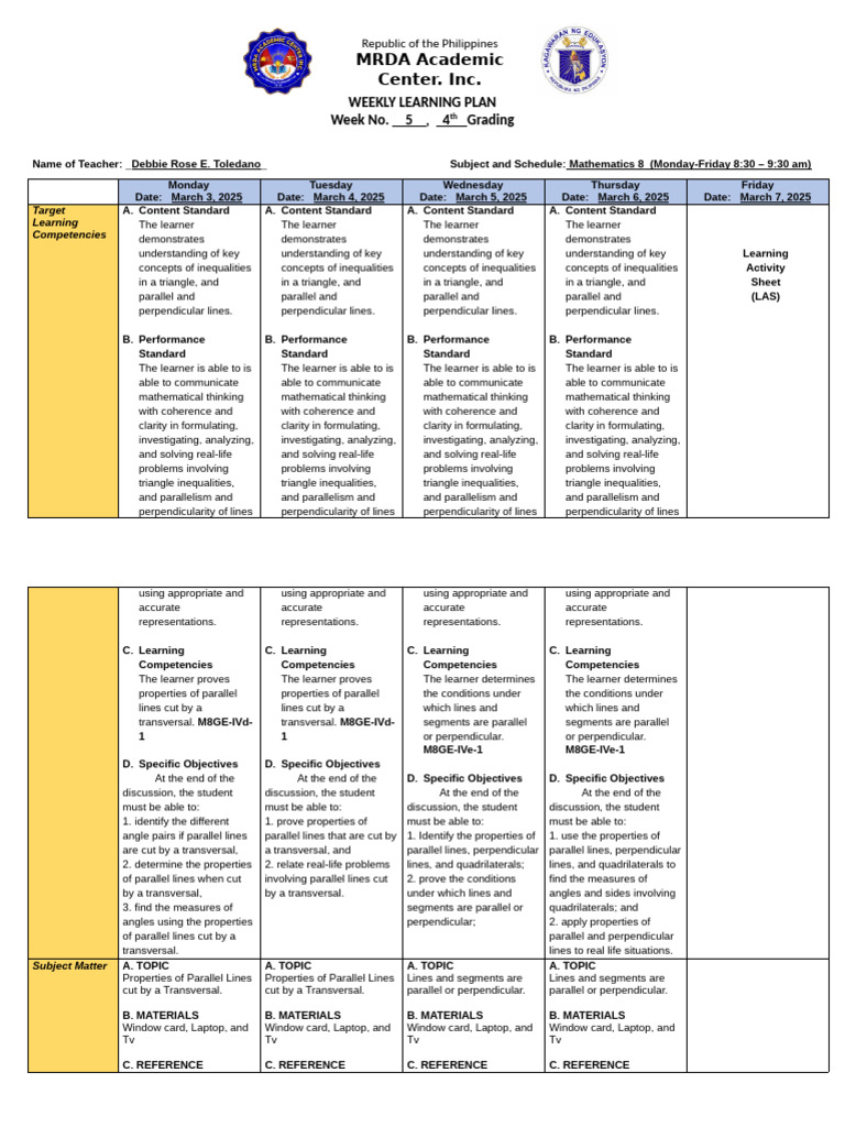 WEEKLY-LEARNING-PLAN-4th QUARTER-WEEK 5-MATH 8 | PDF | Perpendicular | Angle