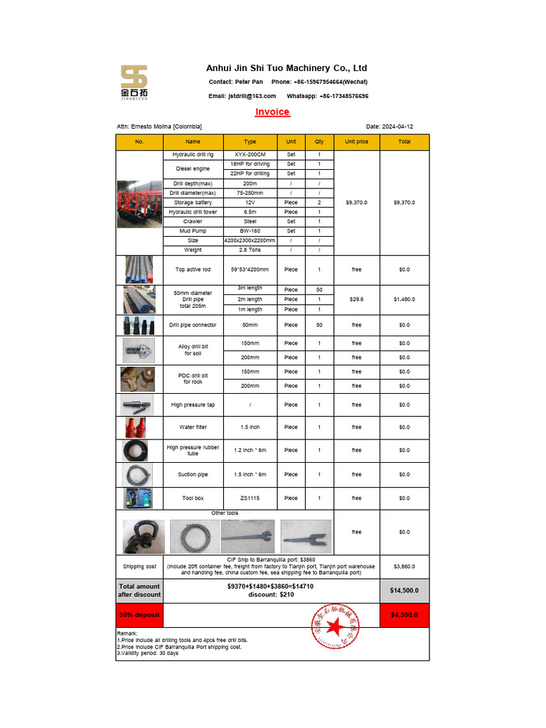 Invoice of XYX-200CM Wheels Drilling Machine (Ernesto) - 2024.04.12 ...