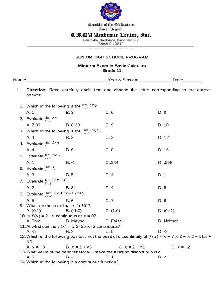 Grade 11 Basic Calculus Midterm Exam | PDF | Mathematics | Mathematical ...
