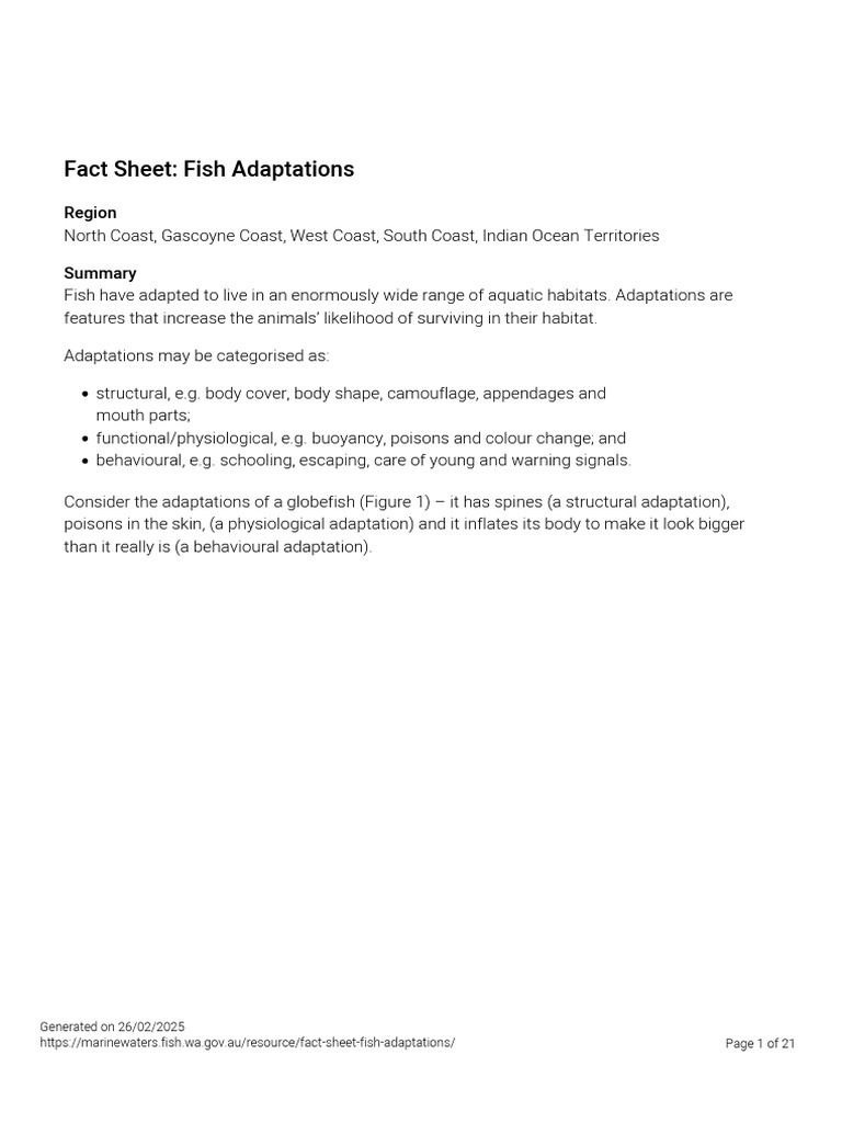 Fact Sheet Fish Adaptations | PDF | Gill | Fish