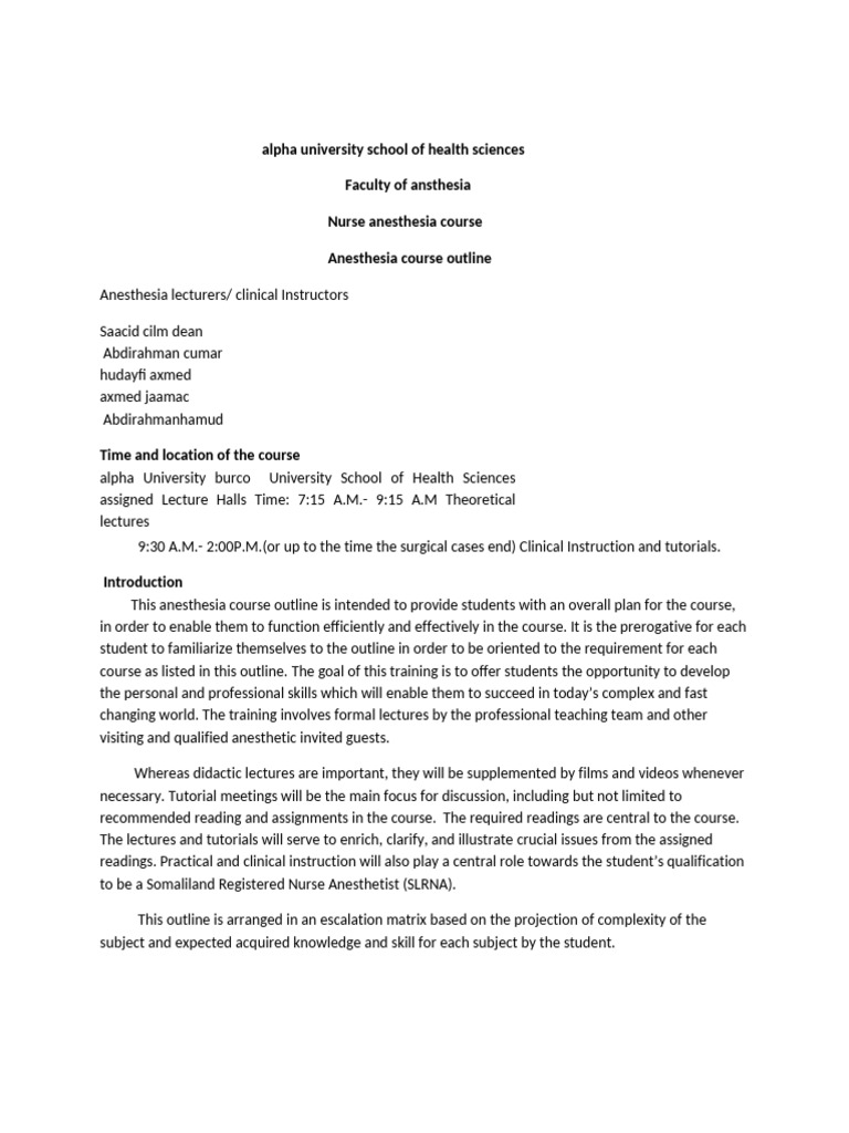 Anesthesia Course Outline 2020 | PDF | Anesthesia | Lecture