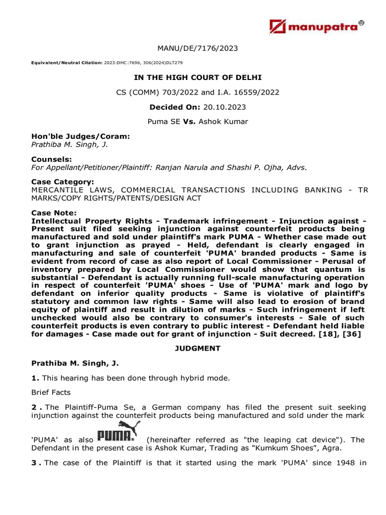 Delhi HC Rules on Puma Trademark Case | PDF | Damages | Lawsuit