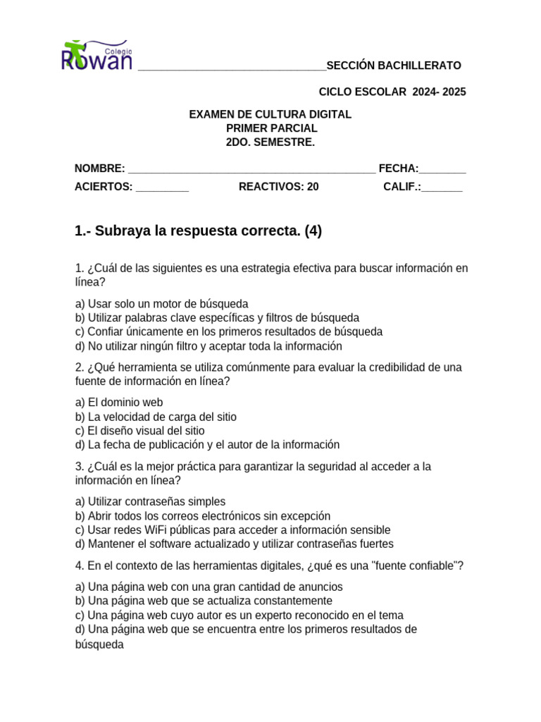 Examen Cultura Digital Bachillerato 2024-2025 | PDF | Internet ...