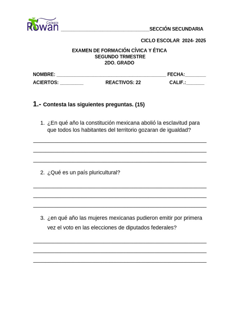 EXAMEN 2 SECUNDARIA Formación Cívica y Ética | PDF | Igualdad de género ...