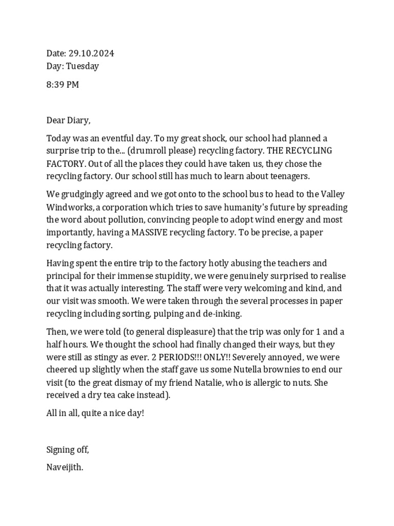 Diary Entry - Factory Trip | PDF