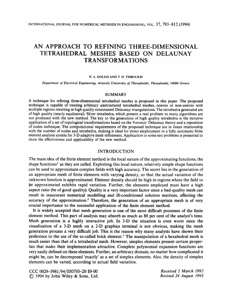 1994 An Approach To Refining Three-Dimensional Tetrahedral Meshes Based On Delaunay ...