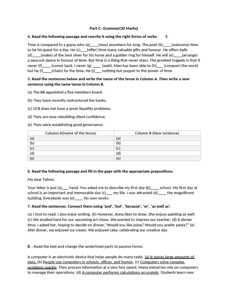Class-7 Eng-2 Model Test Question | PDF | Grammar | Linguistics