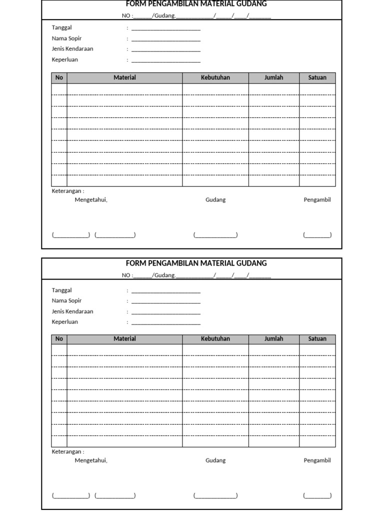 Form Pengambilan Material Gudang | PDF