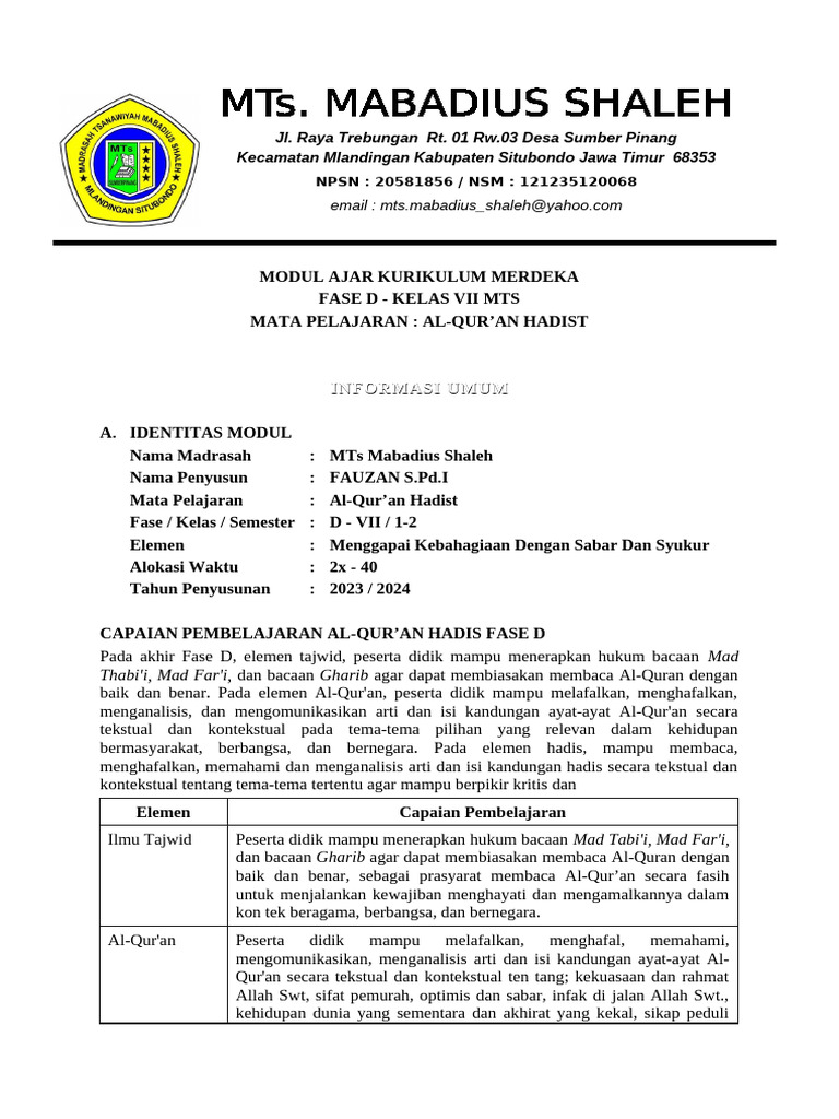 Modul Qurdis 7 Bab 6 - Sabar Dan Syukur | PDF