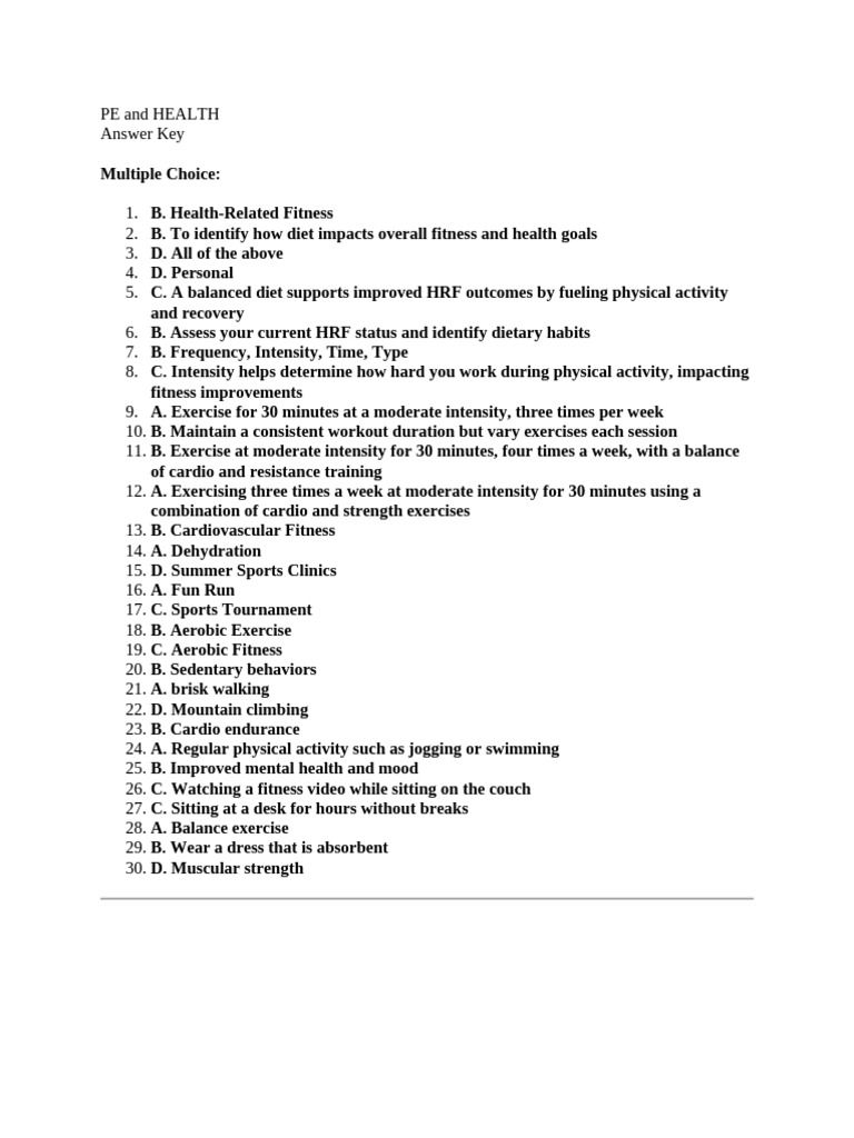 PE and HEALTH Answer Key | PDF