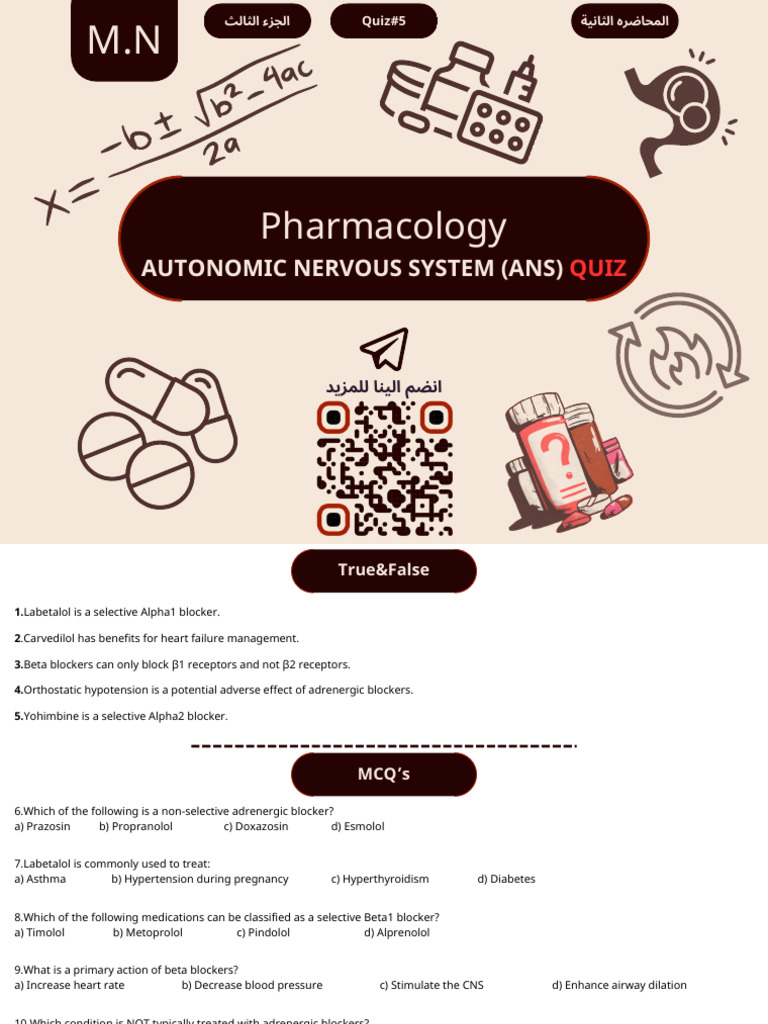 ANS Pharmacology Quiz: Beta Blockers | PDF | Angiology | Diseases And ...
