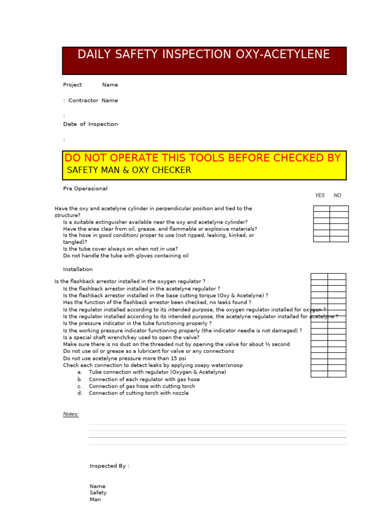 Oxy-Acetylene Safety Checklist | PDF