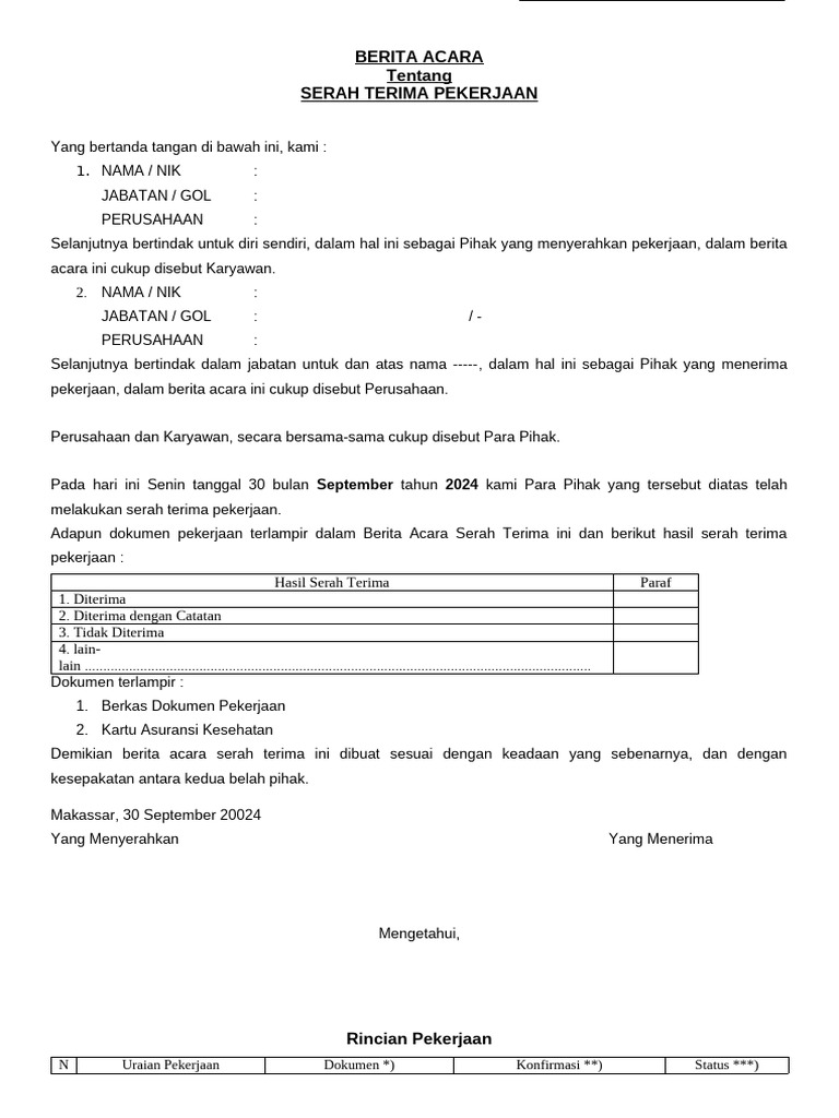 Form Serah Terima Pekerjaan | PDF