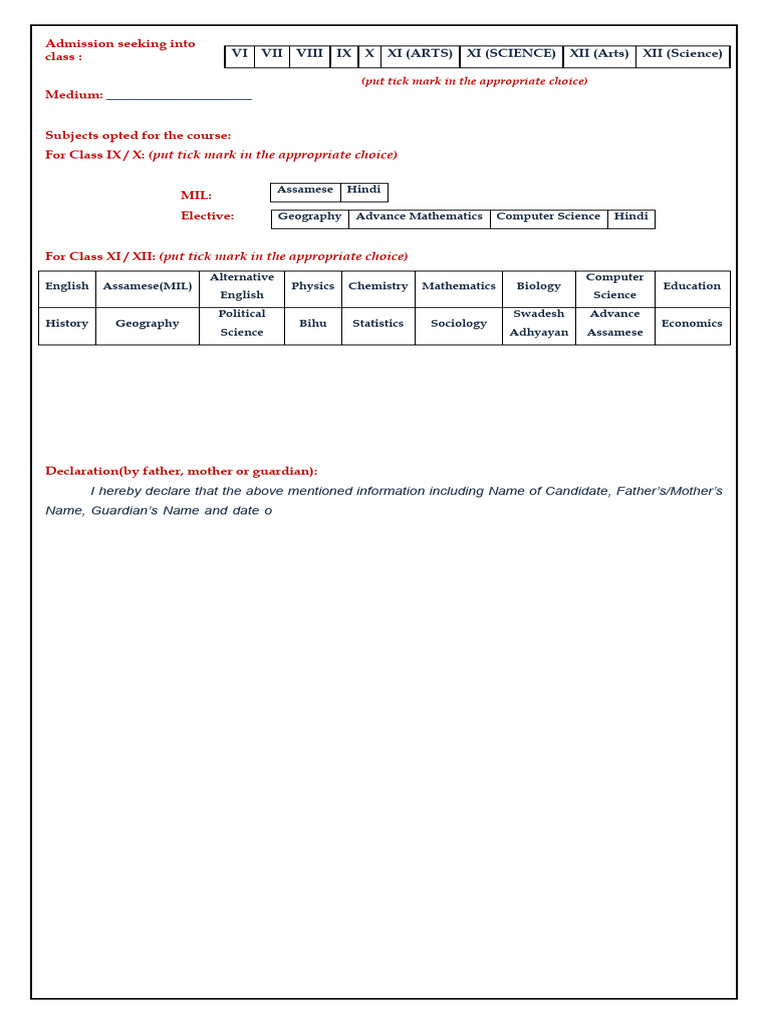 Admission Form for Class IX to XII | PDF