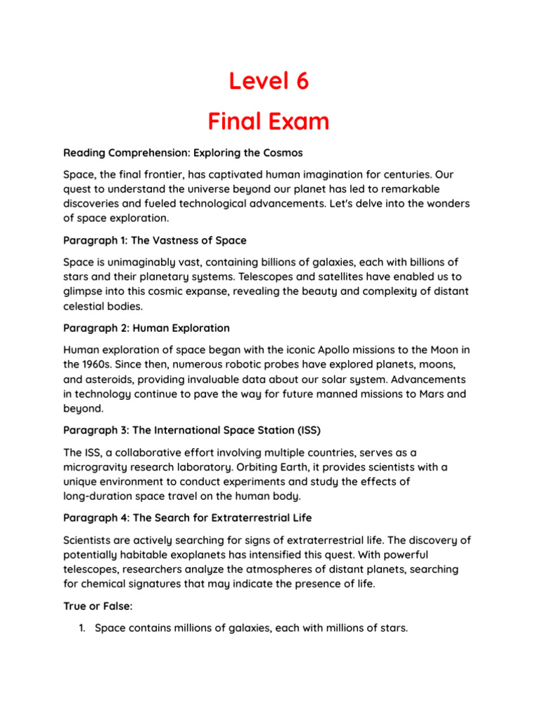 Level 6 Final Exam | PDF | Space Exploration | Outer Space