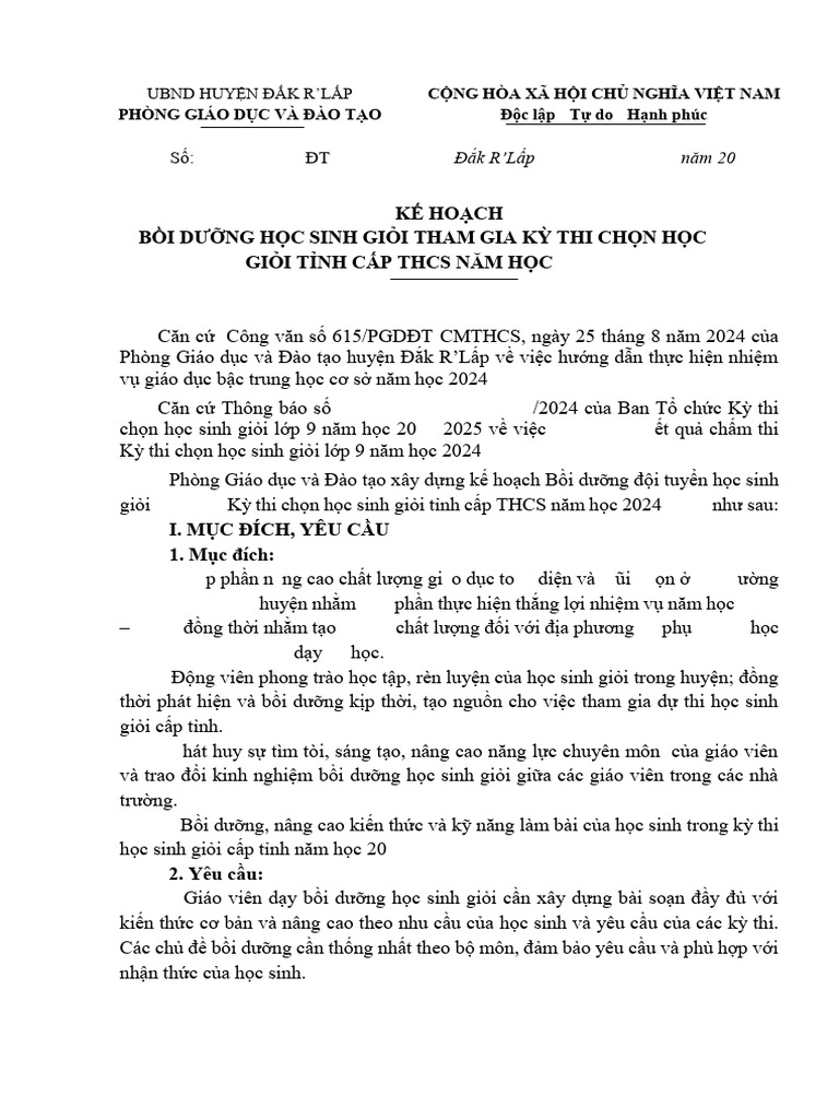 Kế hoạch BD HSG dự thi cấp tỉnh năm học 2024-2025 | PDF