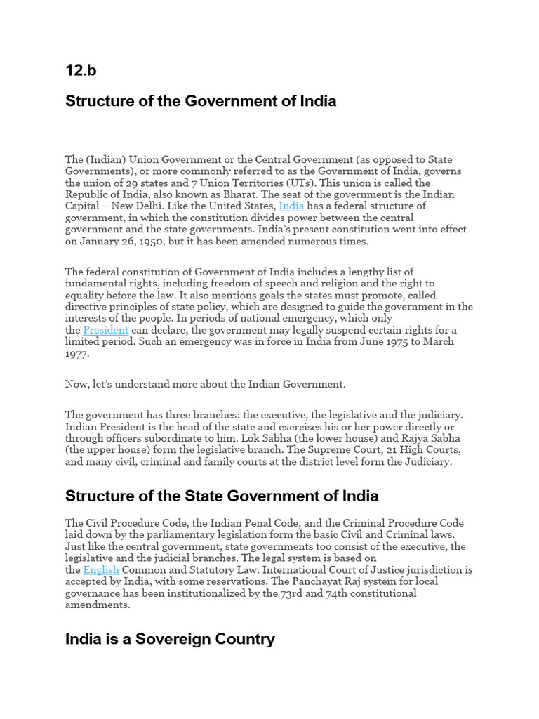 Structure of India's Government Explained | PDF | Government Of India ...
