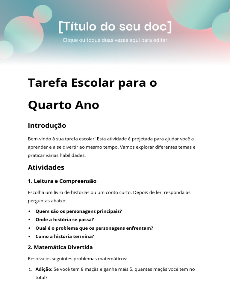 Tarefa Escolar para Quarto Ano | PDF