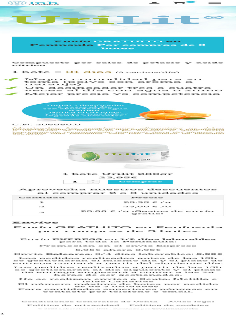 Complemento Alimenticio Urilit - 23,95 € x Bote - Laboratorios INH | PDF