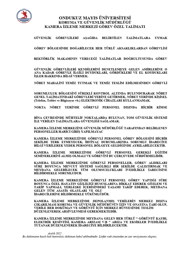 PP4.5.TAL0013 Kamera Izleme Merkezi Gorev Ozel Talimati | PDF