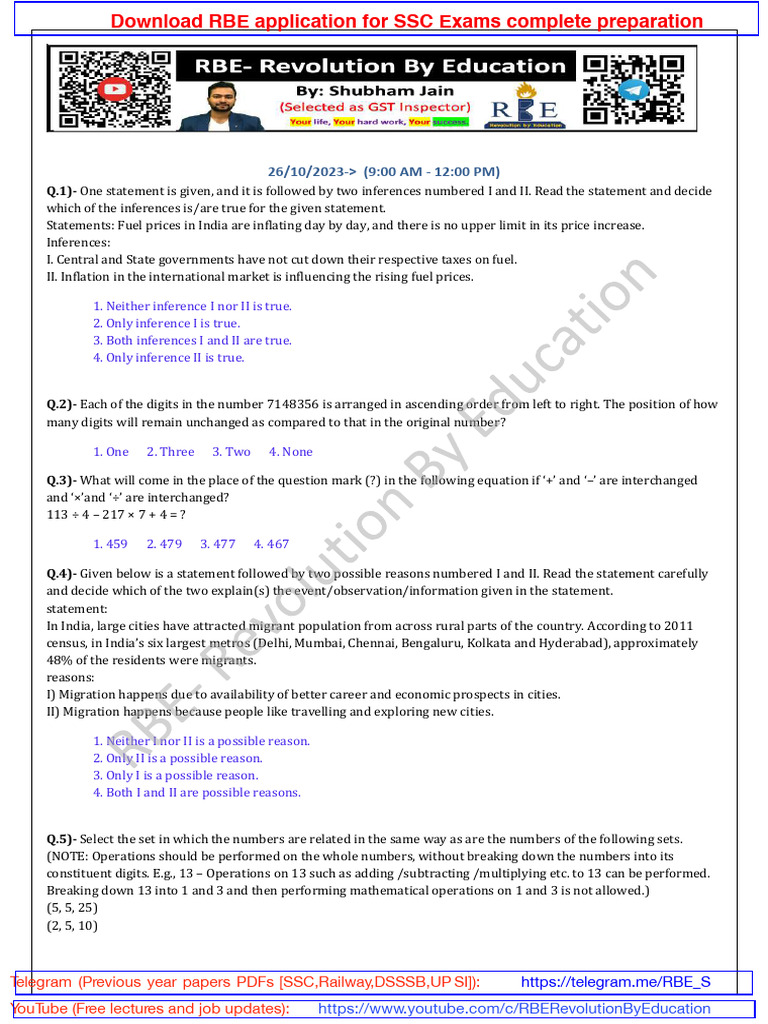 Reasoning (Eng) SSC CGL 2023 T-2 - RBE - Compressed | PDF | Logic