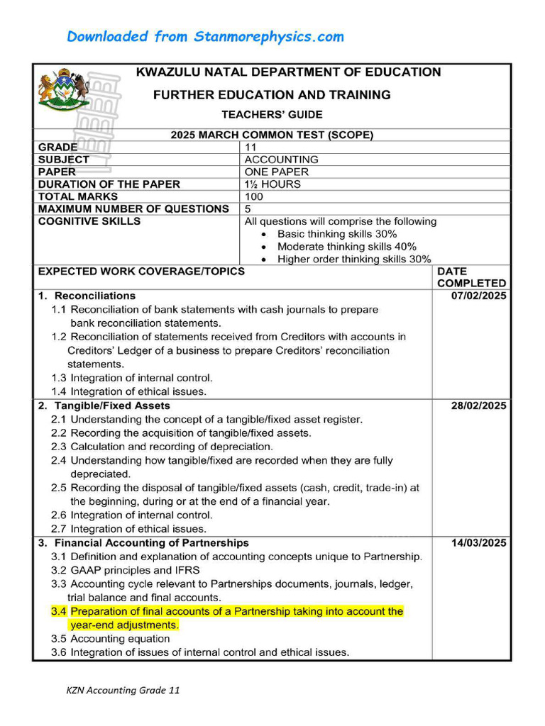 KZN Accounting Grade 11 Scope 2025 | PDF